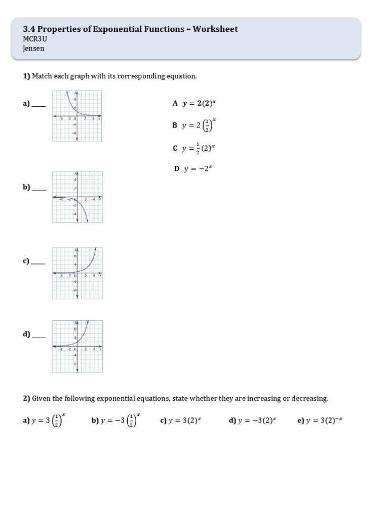 3.4 Properties of Exponential Functions - Worksheet | PDF | Radioactive ...