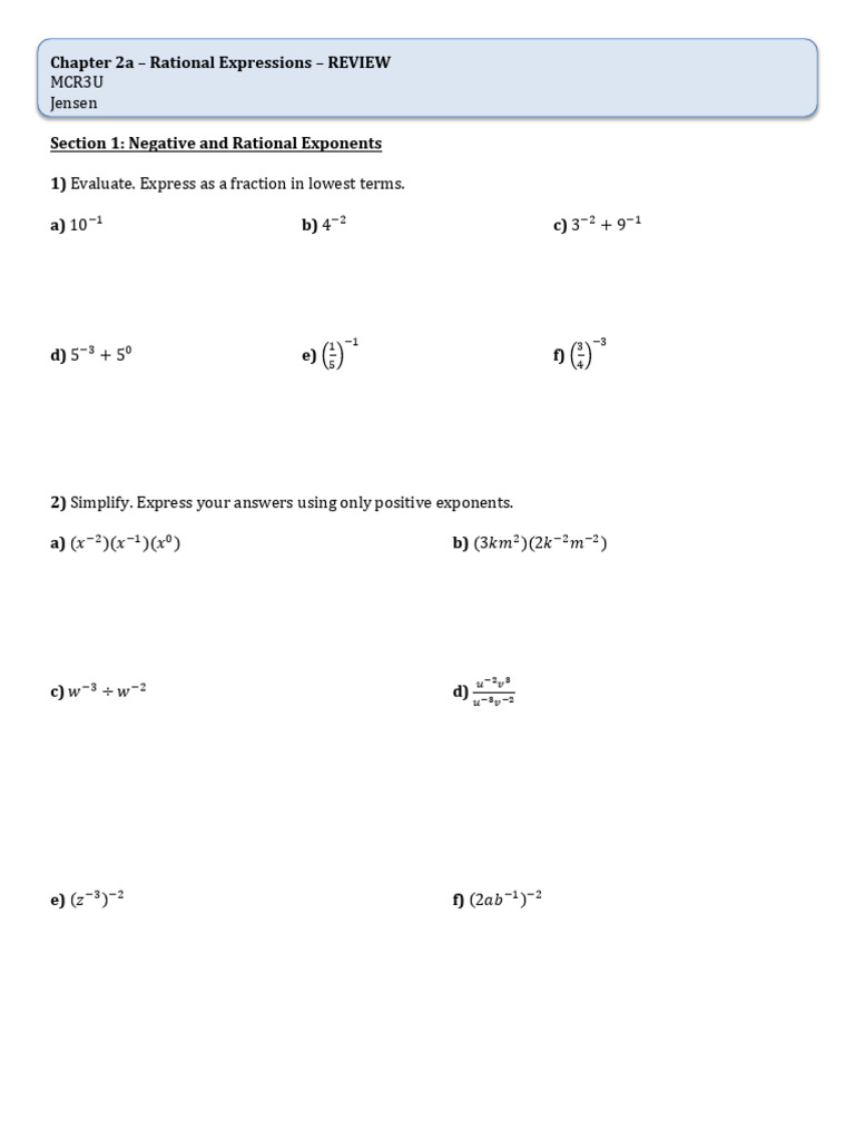 Chapter 2a Rational Expressions REVIEW | PDF | Mathematical Analysis ...