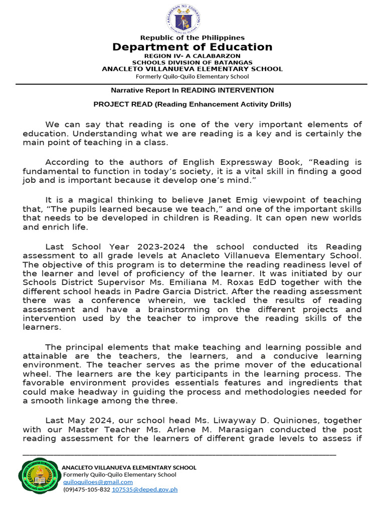 PROJECT READ NARRATIVE REPORT | PDF | Teachers | Human Communication