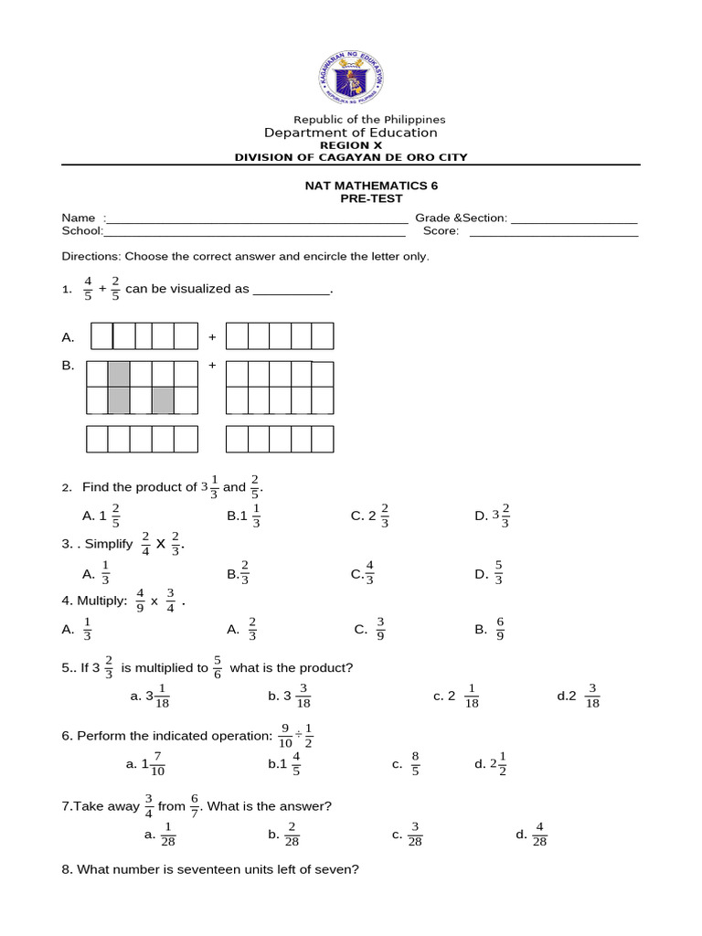 NAT MATH GRADE-6 PRE-TEST | PDF | Area | Volume