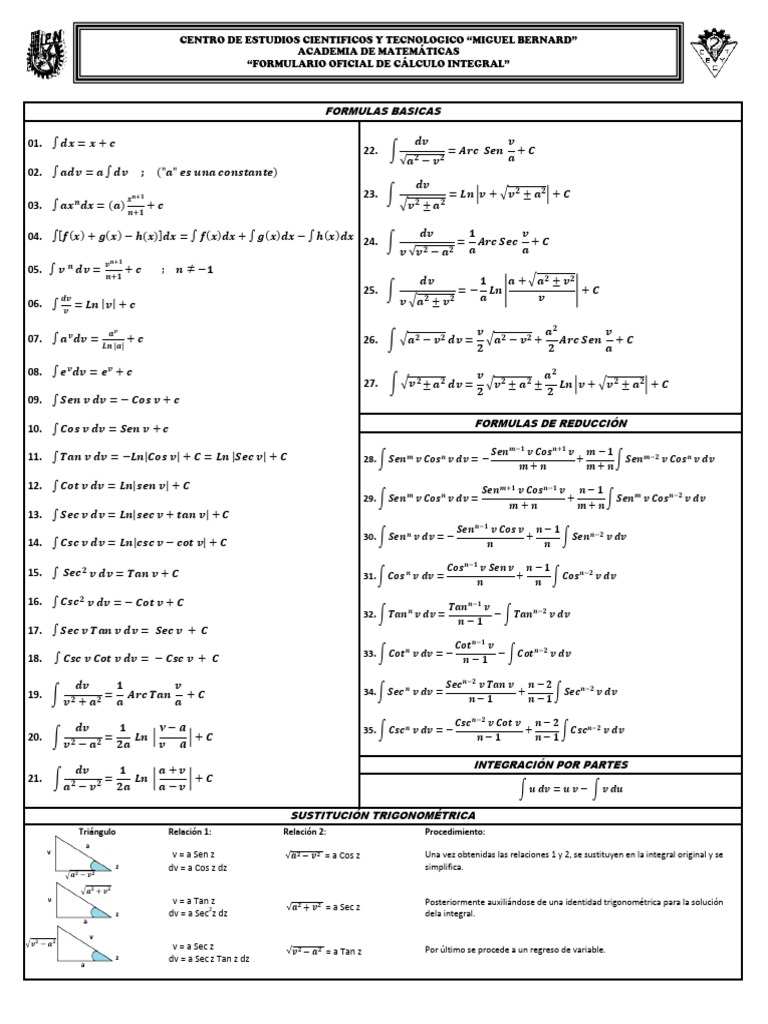 Formulario de Cálculo Integral Completo | PDF | Integral | Funciones ...