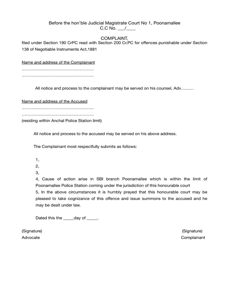 Complaint,S.138 NI Act | PDF