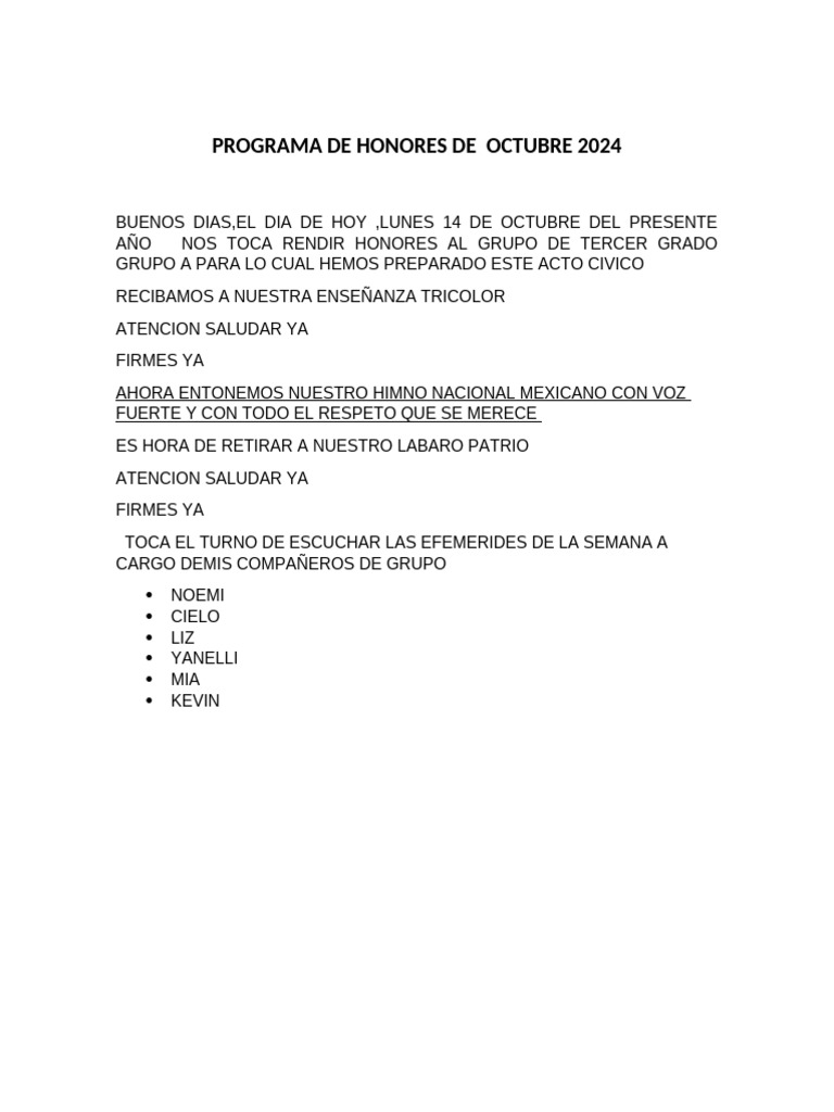 PROGRAMA DE HONORES DE SEPTIEMBRE 2024 | PDF