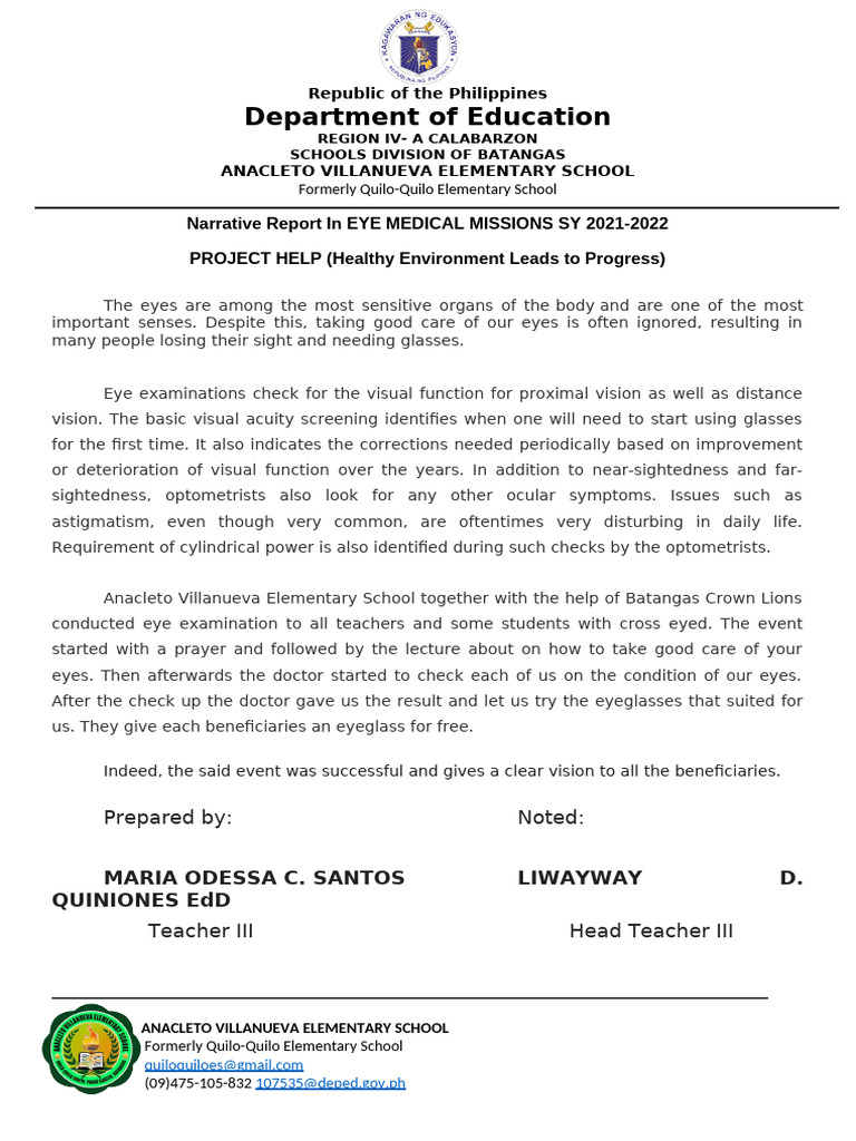 Eye Medical Missons Narrative Report | PDF | Glasses | Eye