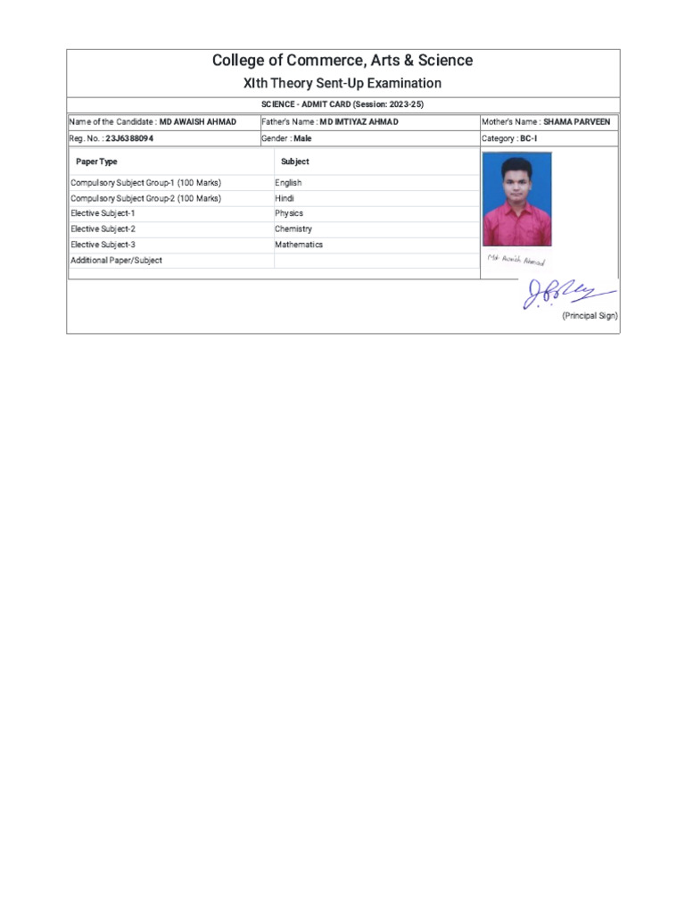 Admit Card Class 11th Exam | PDF