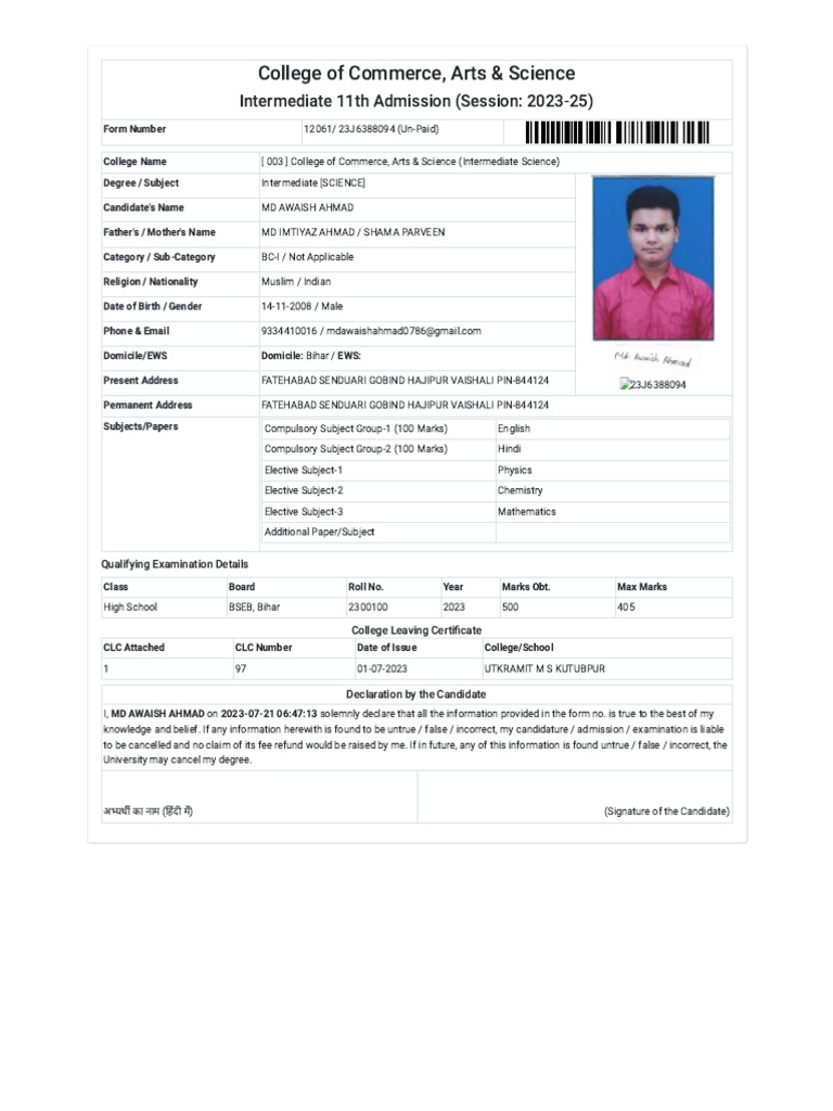 2023-25 Intermediate Admission Form | PDF | Student Assessment And ...