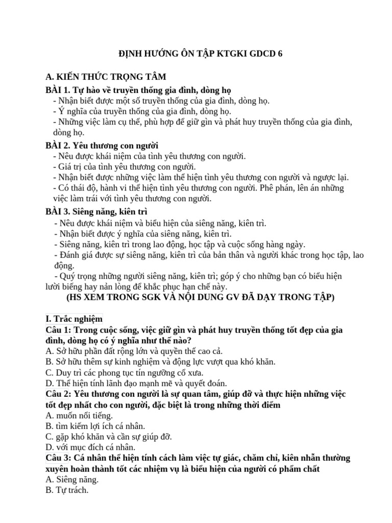 ĐỊNH HƯỚNG ÔN TẬP KTGKI GDCD 6 | PDF