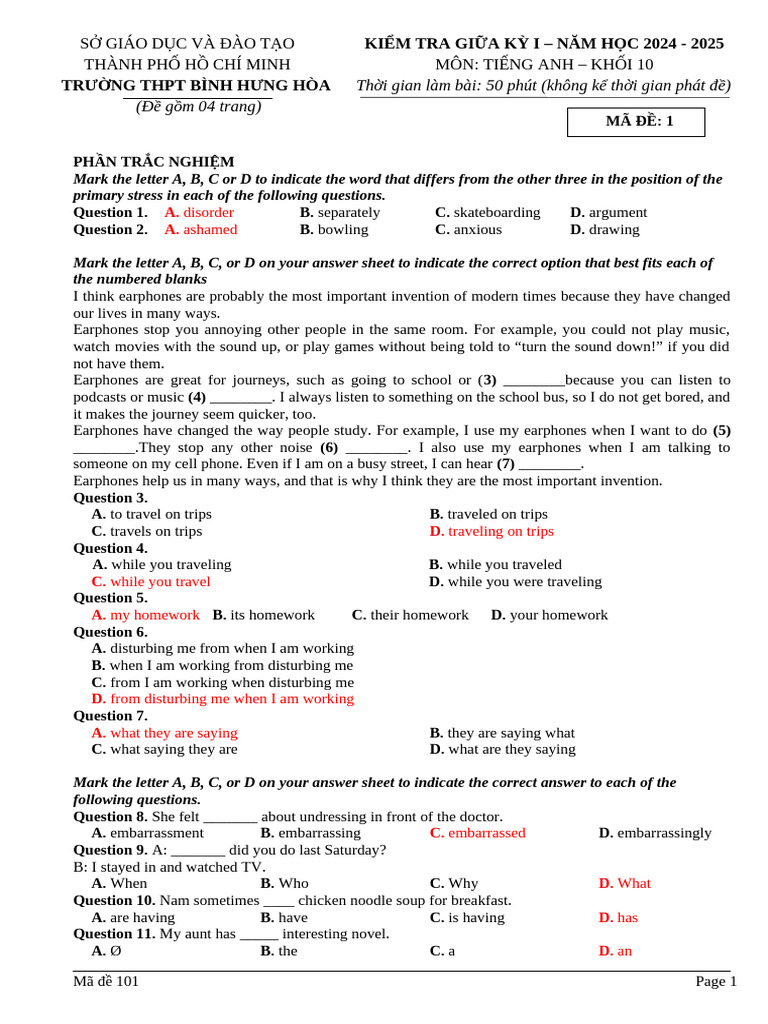 KEY CHÍNH THỨC ĐỀ KT GIỮA KỲ I ANH 10 | PDF | Adolescence