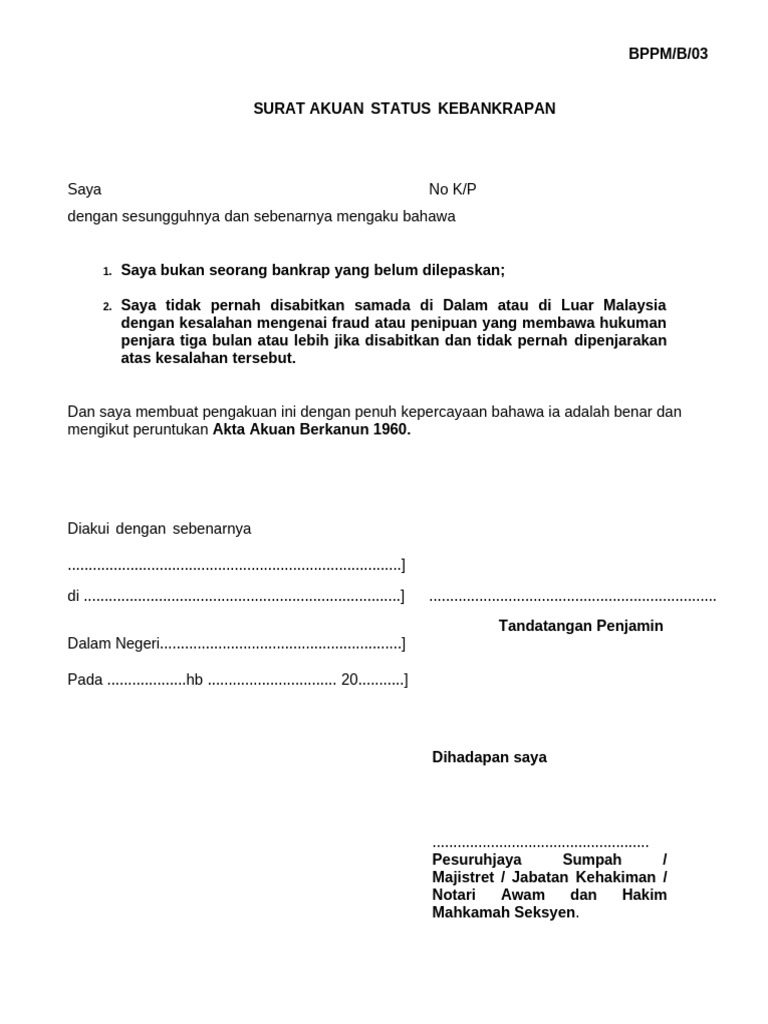 Surat Akuan Sumpah - Status Bankrap | PDF