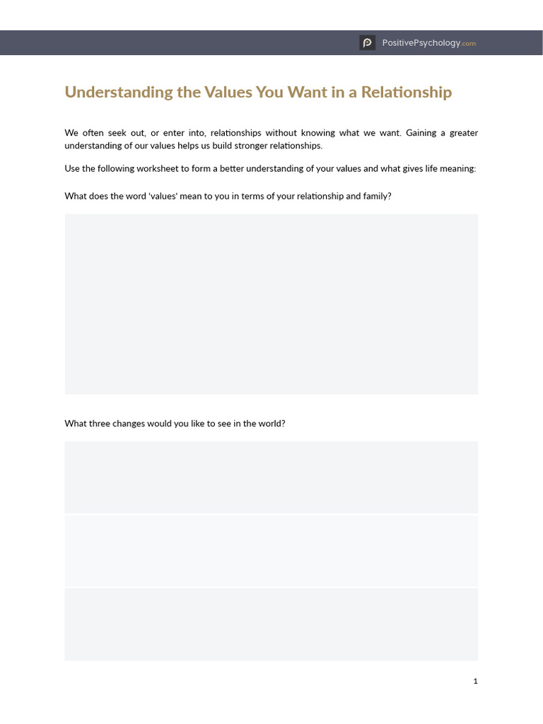 Defining Relationship Values Worksheet | PDF
