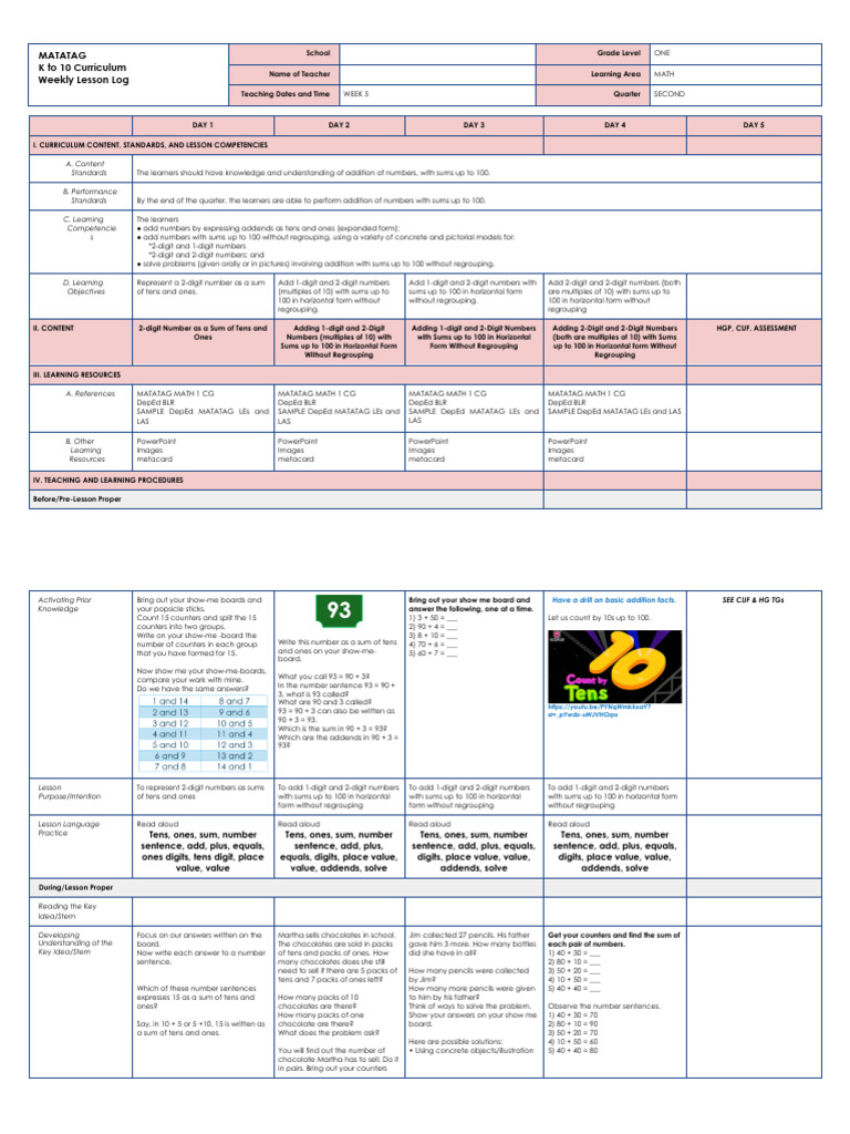 W5 Q2 Math1 Matatag DLL | PDF | Numbers | Curriculum