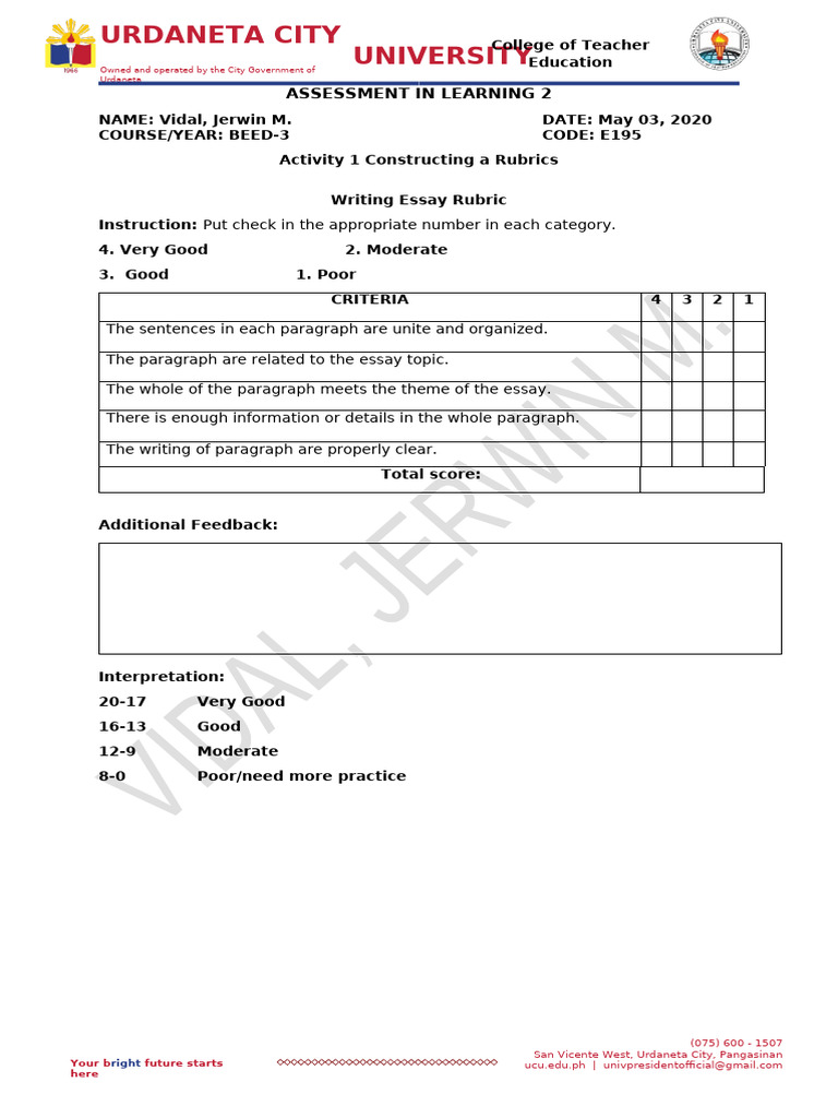 Activity 1 Assessment in Learning 2 Rubrics Mr. Vidal | PDF