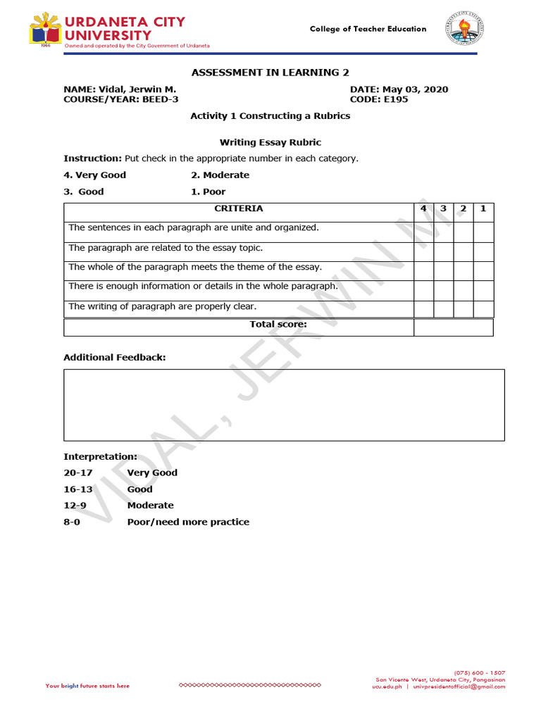 Activity 1 Assessment in Learning 2 Rubrics Mr. Vidal | PDF
