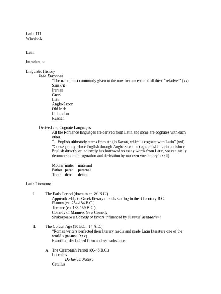 Wheelock Study Notes - Introduction | PDF | Latin | Latin Literature