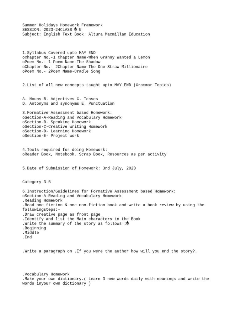 Combined Grade-5th Summer Holiday Homework | PDF | English Language ...