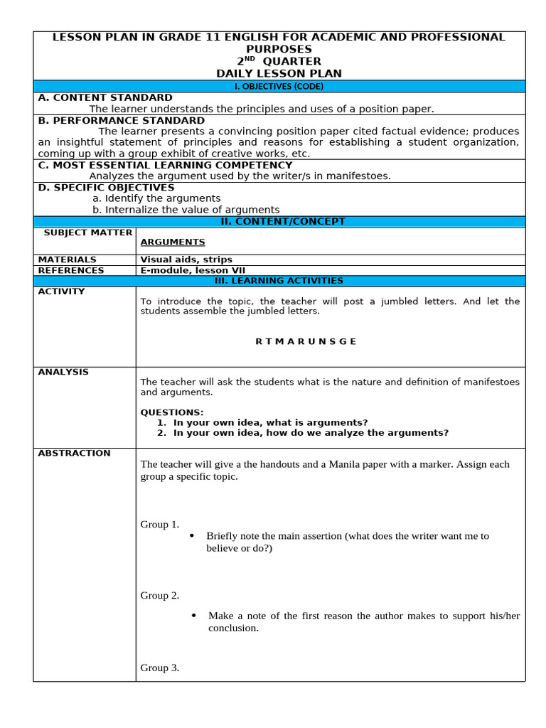 Lp Eapp Arguments | PDF | Lesson Plan | Argument