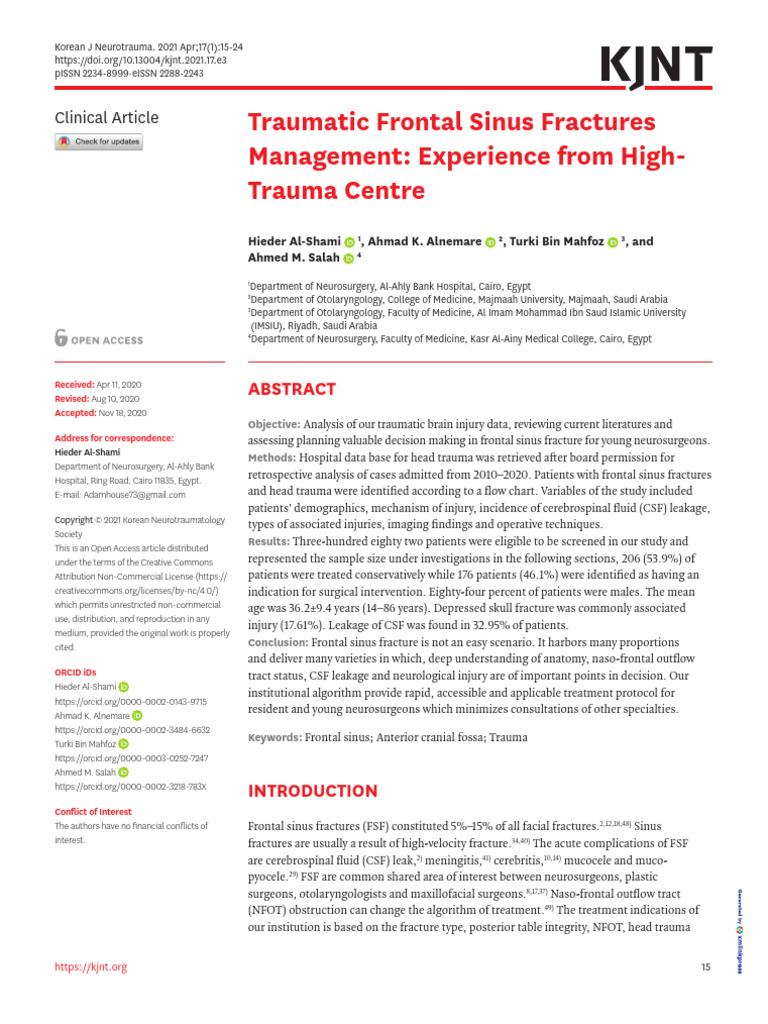 Traumatic Frontal Sinus Fractures Management - Experience From ...