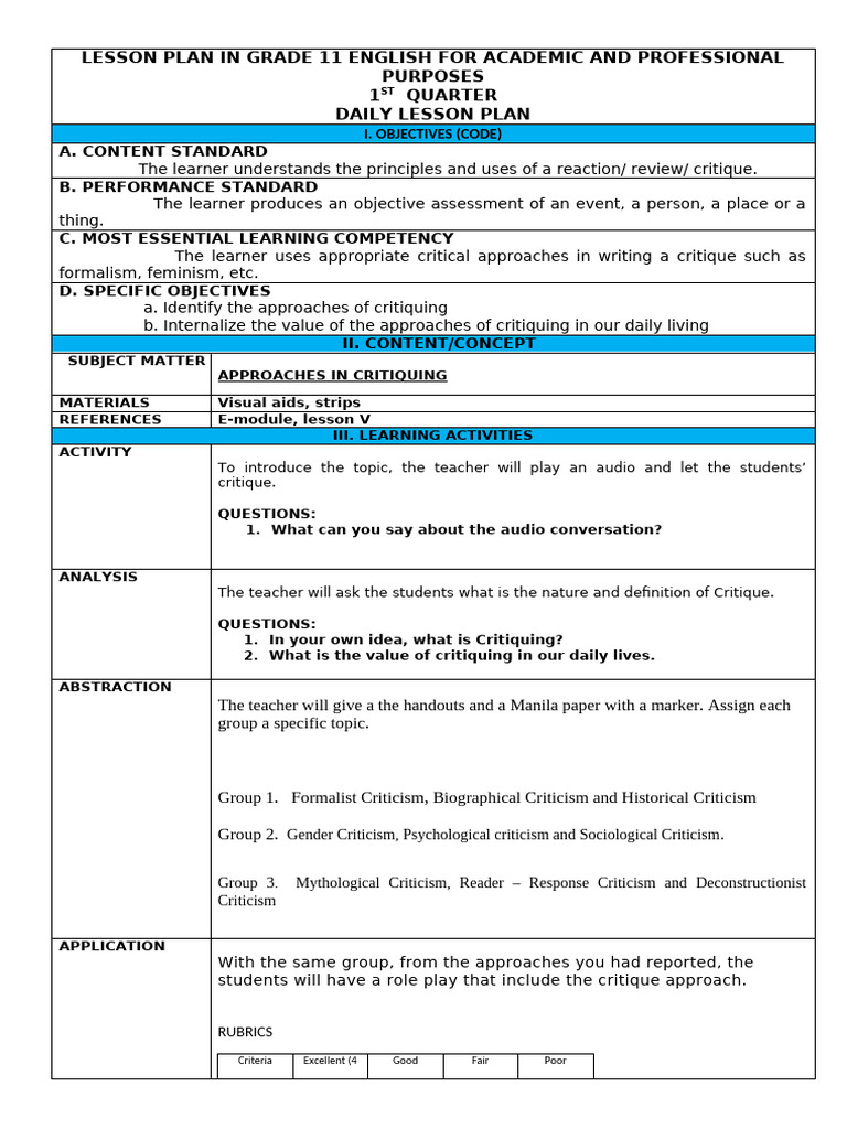 LP Eapp Approaches in Critiquing | PDF | Learning | Lesson Plan