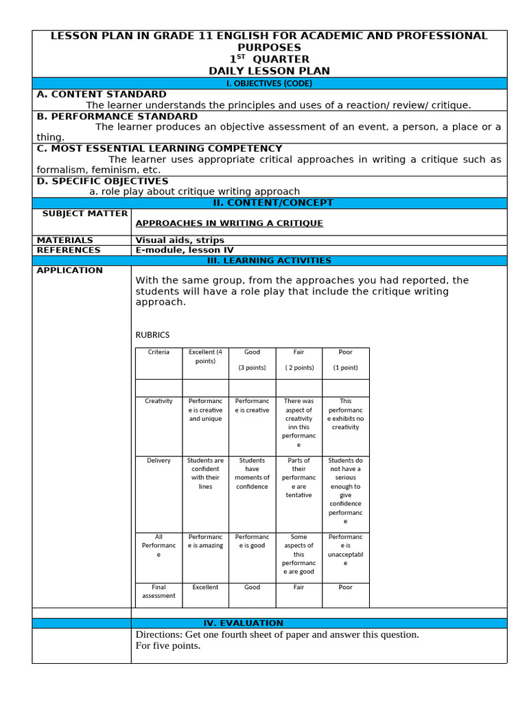 LP Eapp Approaches in Writing A Critique Continuation | PDF | Lesson Plan | Learning