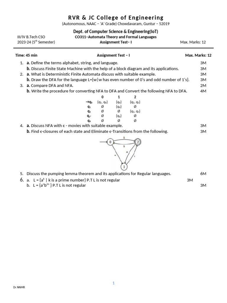 CO311 ATFL Assignment Test 1 | PDF