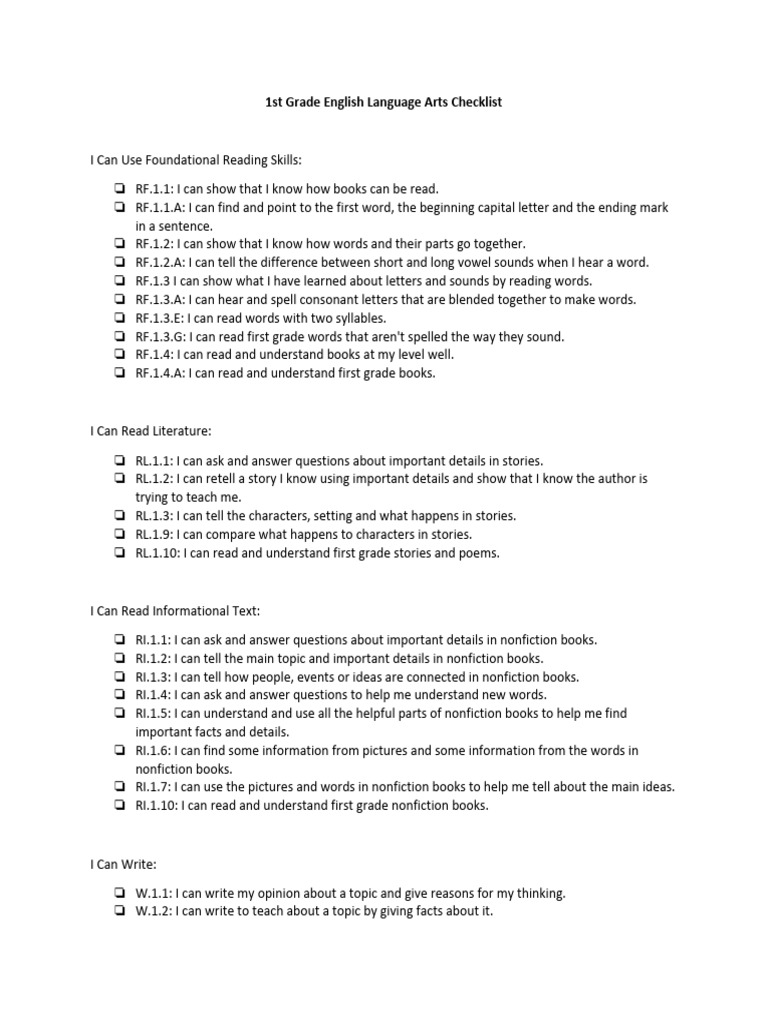1st Grade ELA Skills Checklist | PDF | English Language | Word