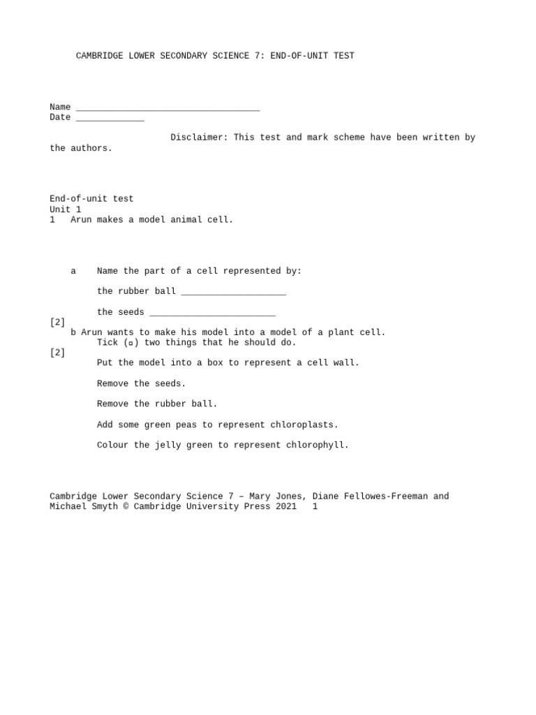 Cambridge Science 7: Unit 1 Test | PDF | Chloroplast | Cell (Biology)