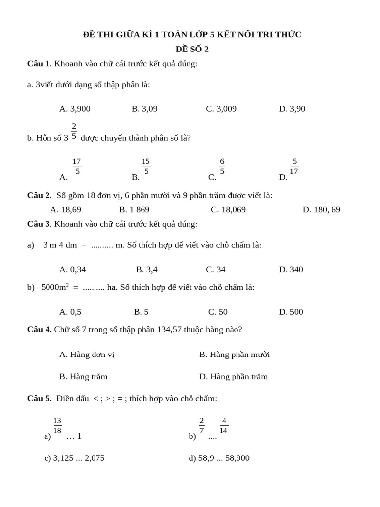 De Thi Giua Ki 1 Mon Toan Lop 5 Ket Noi Tri Thuc de So 2 | PDF