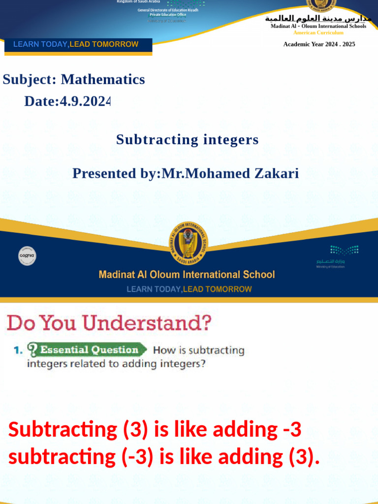 Lesson 3 Subtracting Integers Pdf Mathematics Cognitive Science