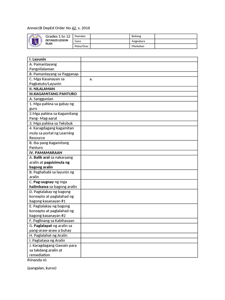 2 DLP Template Fil. Annex1B DepEd Order No.42.s.2016 | PDF