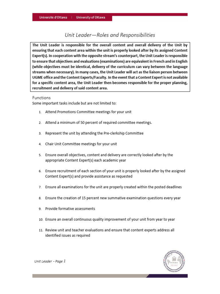 Unit Leader Responsibilities Overview | PDF | Curriculum