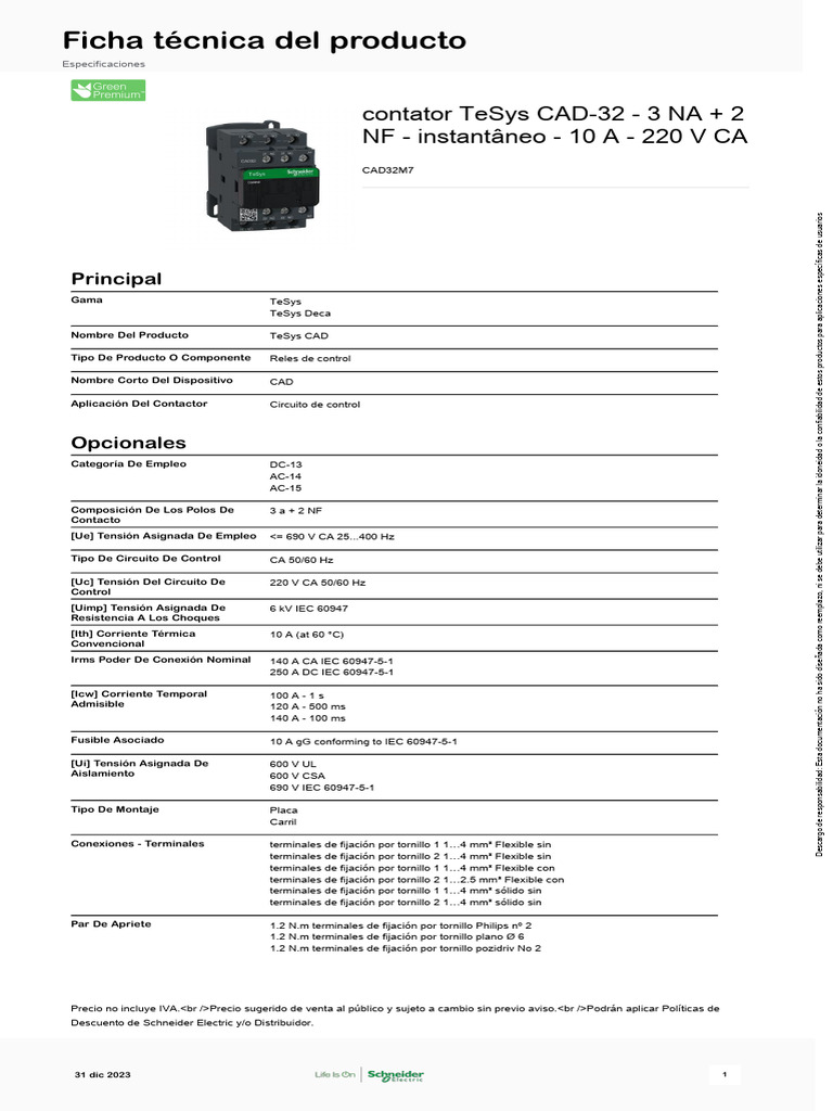 CONTACTOR TeSys Schneider Electric - Tesys - CAD32M7 | PDF | Ingenieria ...
