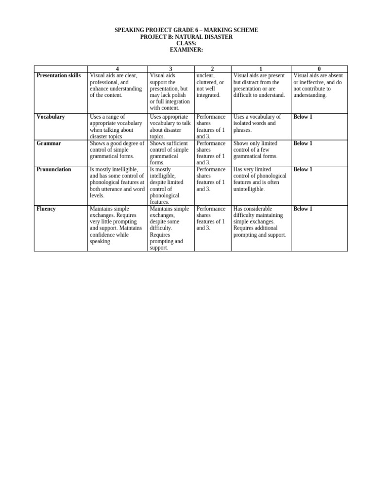 Grade 6 Speaking Exam Marking Scheme | PDF | Fluency | Grammar