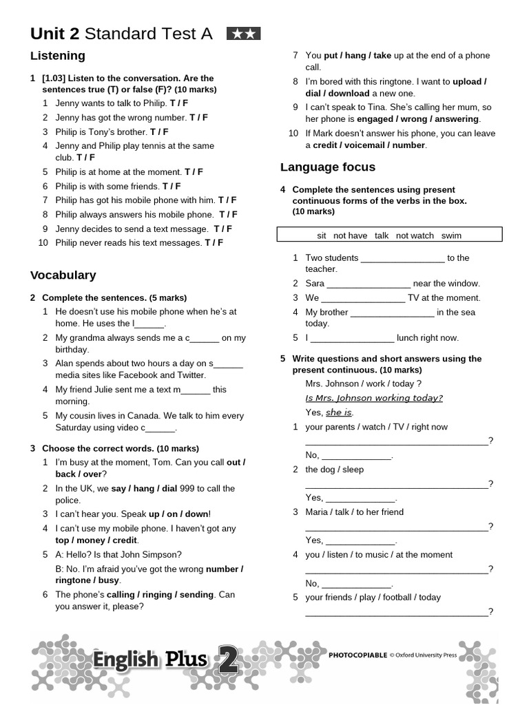 unit_2_standard_test_a | PDF | Text Messaging | Telephone