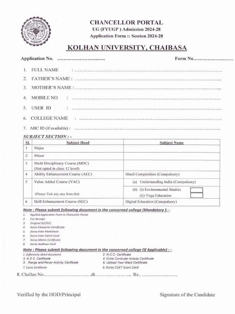 KU FYUGP Admission Form 2024-28 | PDF