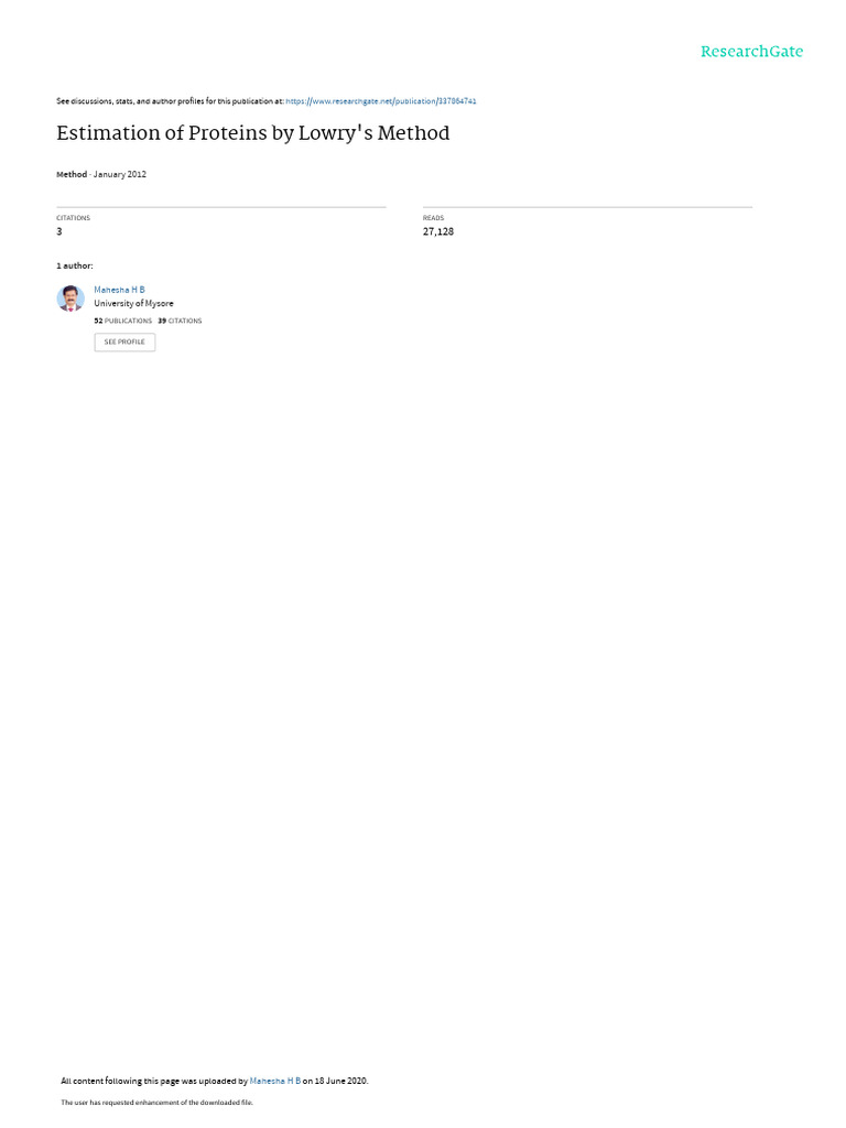Lowry's Method for Protein Estimation | PDF | Sodium Hydroxide | Chemistry