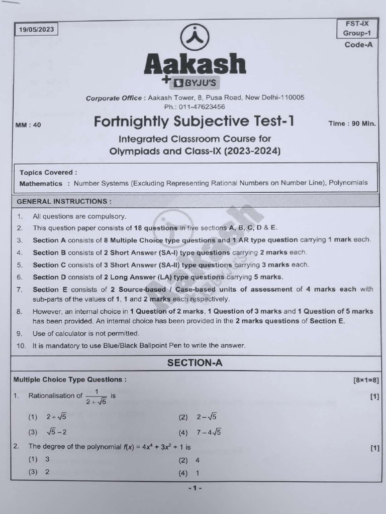 FST-1 maths practice paper | PDF