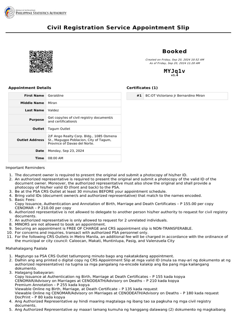 Civil Registration Service Appointment Slip: Myjq1V | PDF | Money