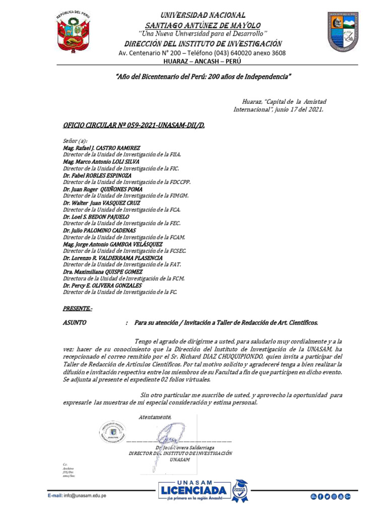 Oficio Circ. N° 059-2021-Taller Redaccion Articulos cientificos | PDF | Perú