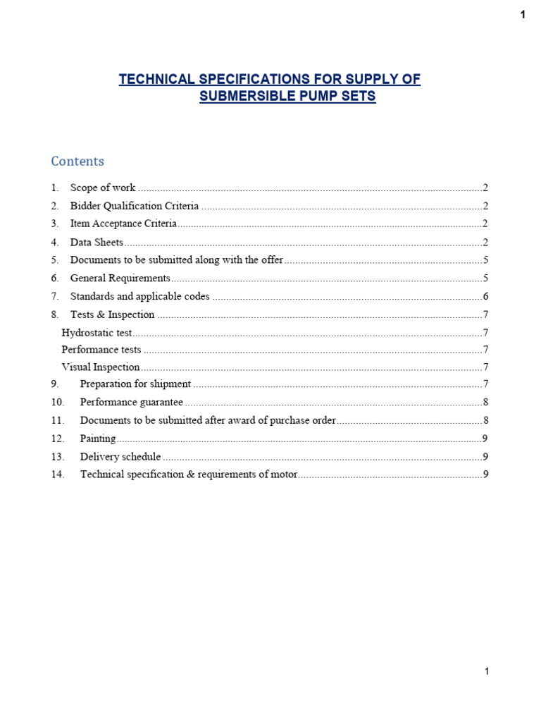 Submersible Pump Set Technical Specs | PDF | Pump | Specification (Technical Standard)