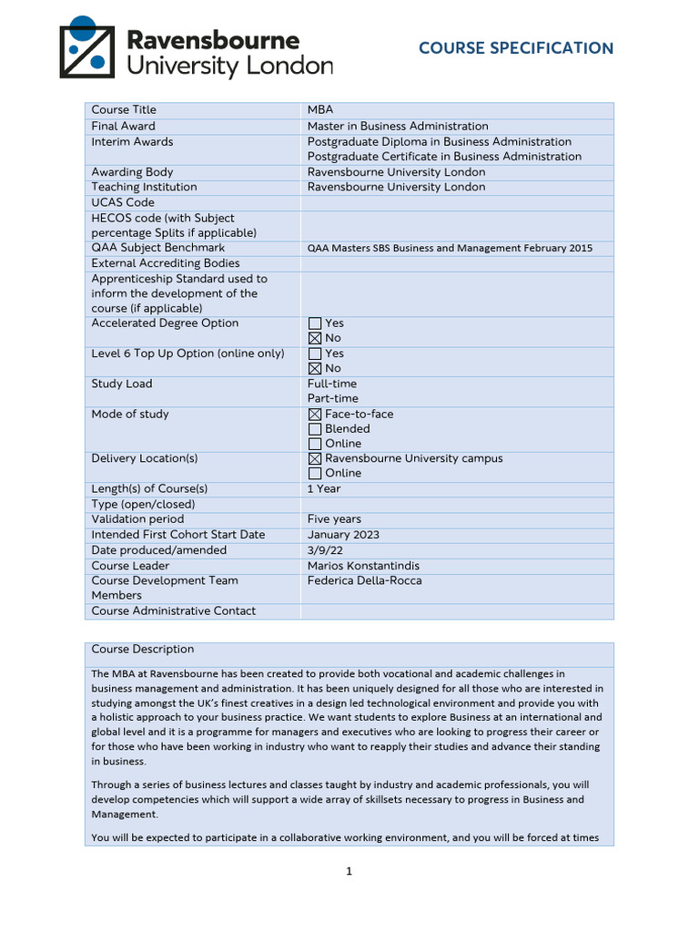 Course Specification MBA | PDF | Creativity | Emotions