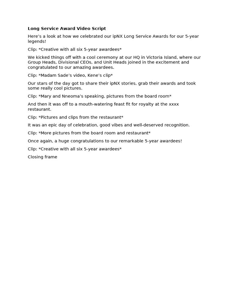 Long Service Award Video Script | PDF | Home & Garden