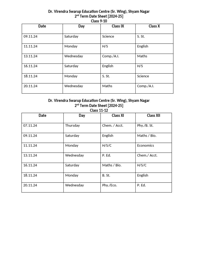 2nd Term Date Sheet November (Cl. 9-12) | PDF | Science & Mathematics