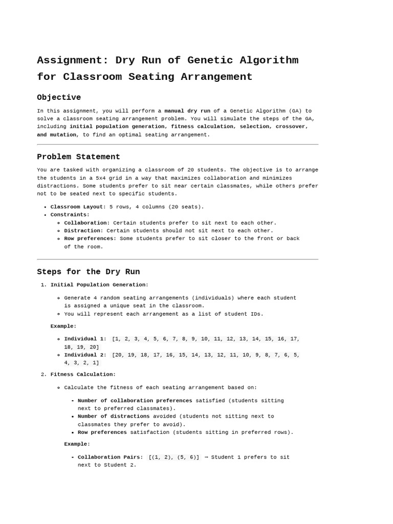 Assignment - Dry Run of Genetic Algorithm For Classroom Seating ...
