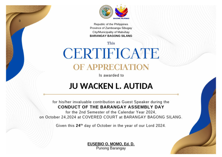 Annex F Certificate of Appreciation To Be Issued by PB - October 2024 | PDF