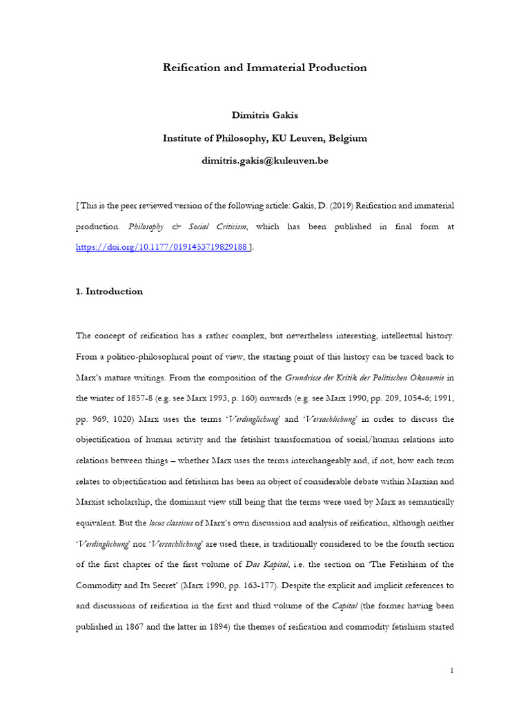 Gakis - Reification and Immaterial Production | PDF | Marxism | Exchange Value