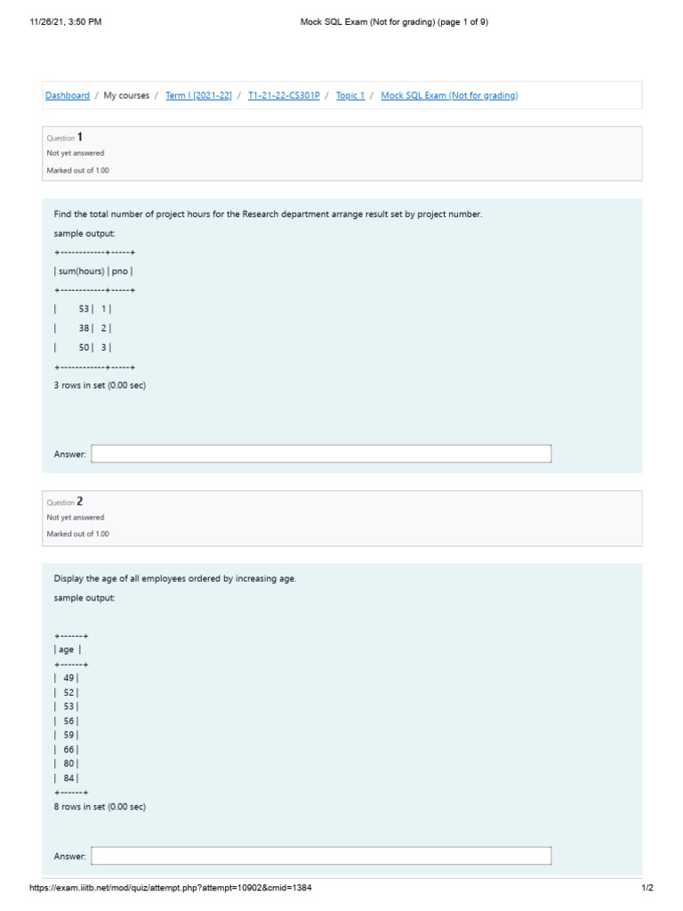 SQL Mock Quiz 1 Questions | PDF | Data Management | Data Management Software
