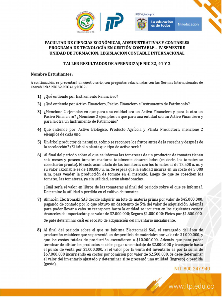 Taller Resultados de Aprendizaje NIC2, NIC32 y NIC41 | PDF ...