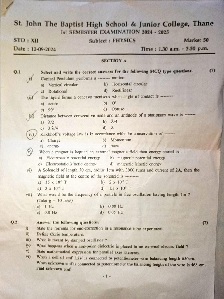 Xii Phy Ques Paper Sem 1 SM13012008 | PDF | Capacitor | Waves
