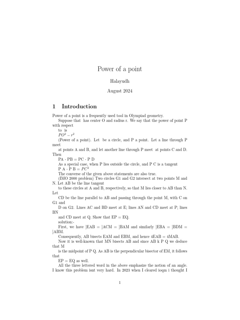 Power of a Point in Geometry | PDF | Teaching Methods & Materials