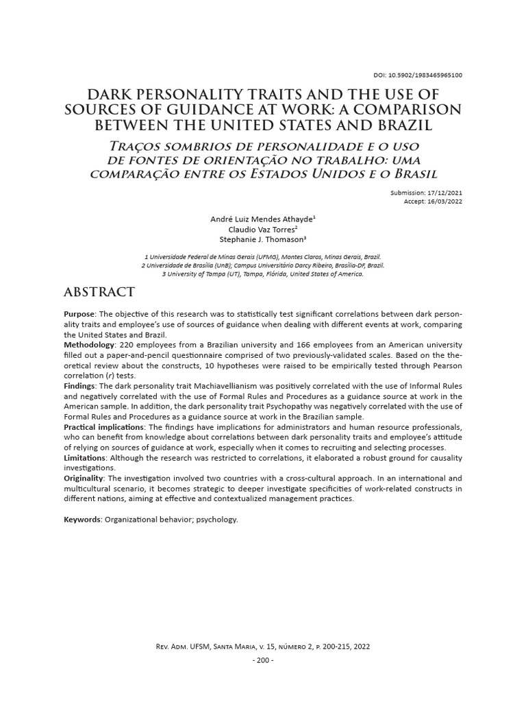 Dark Personality Traits and The Use of Sources of Guidance at Work: A ...